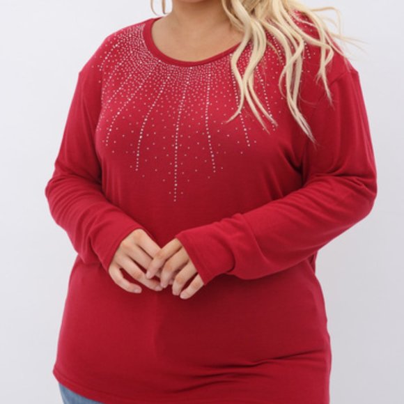 Vocal | Tops | Nwt Vocal Plus Red Long Sleeve Top With Stones | Poshmark